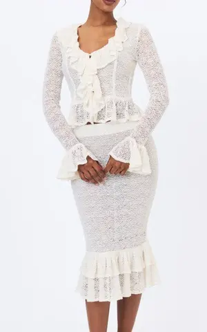 MISS CIRCLE NEW YORK Urvi Crochet Ruffle Midi Skirt - White
