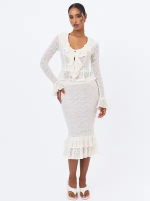 MISS CIRCLE NEW YORK Urvi Crochet Ruffle Midi Skirt - White