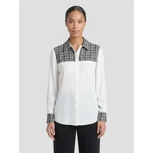 Misook Mixed Media Plaid Crepe De Chine Blouse - White/black