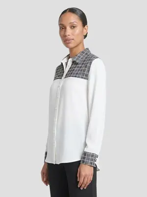 Misook Mixed Media Plaid Crepe De Chine Blouse