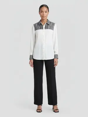 Misook Mixed Media Plaid Crepe De Chine Blouse