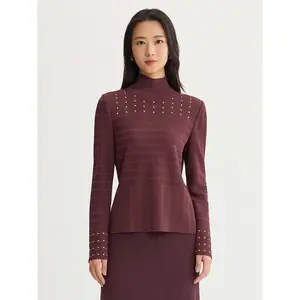 Misook Studded Mock Neck Ribbed Knit Top - Mahogany