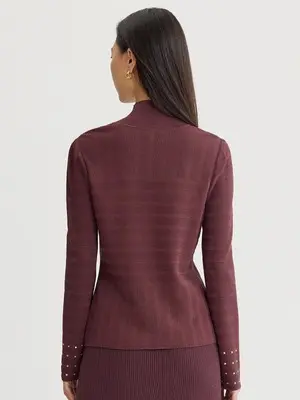 Misook Studded Mock Neck Ribbed Knit Top
