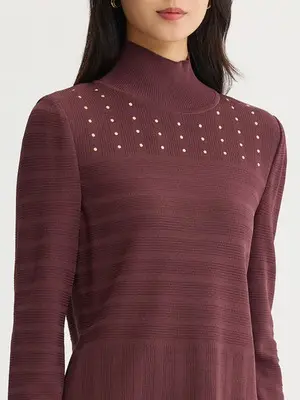 Misook Studded Mock Neck Ribbed Knit Top
