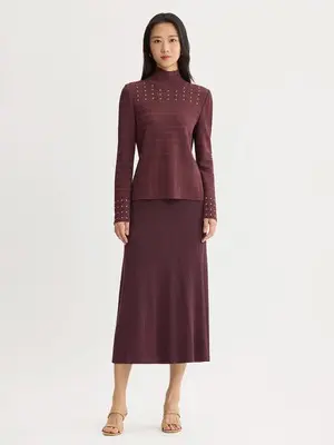 Misook Studded Mock Neck Ribbed Knit Top