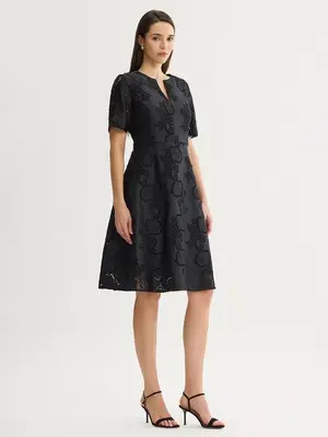 Misook A-line Floral Eyelet Crepe De Chine Dress