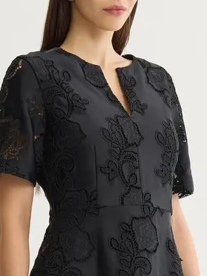 Misook A-line Floral Eyelet Crepe De Chine Dress
