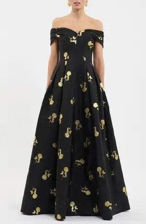 Rebecca Vallance Mariya Metallic Rose Jacquard Off The Shoulder Gown - Black/gold