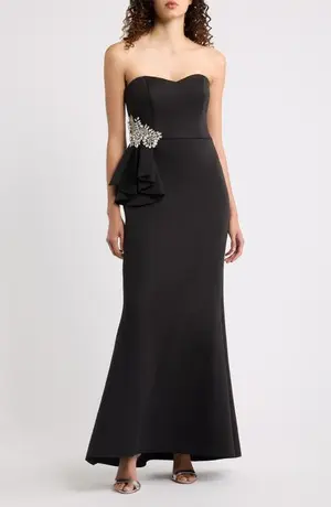 Eliza J Rhinestone Ruffle Detail Sweetheart Strapless Gown
