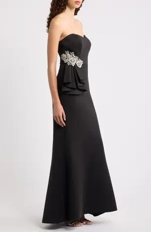 Eliza J Rhinestone Ruffle Detail Sweetheart Strapless Gown
