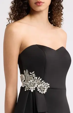 Eliza J Rhinestone Ruffle Detail Sweetheart Strapless Gown