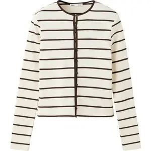 Mango Stripe Button & Loop Cotton Cardigan - Ecru