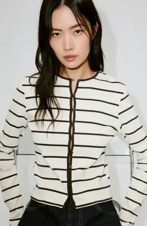 Mango Stripe Button & Loop Cotton Cardigan