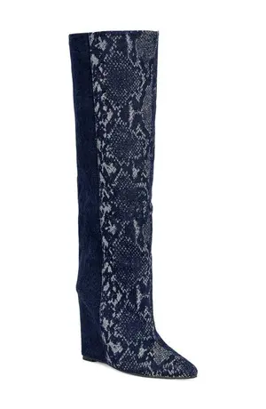 AZALEA WANG Gianna Snake Print Wedge Knee High Boot