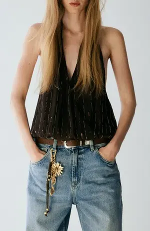 Mango Sequined Open Back Bubble Hem Halter Top