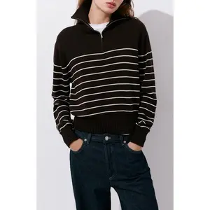 MANGO Striped Cotton Half Zip Sweater