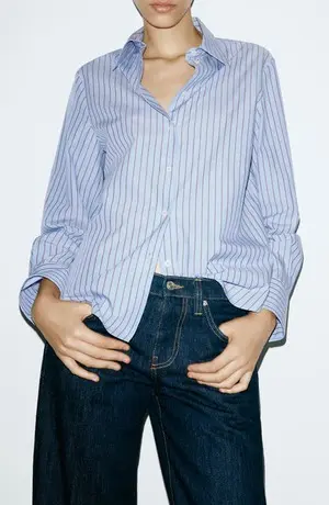 Mango Stripe Cotton Blend Poplin Button-up Shirt - Blue