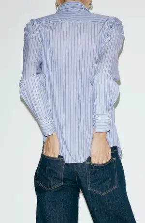 Mango Stripe Cotton Blend Poplin Button-up Shirt - Blue
