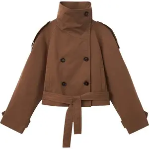 Mango Double Breasted Crop Cotton Blend Trench Coat