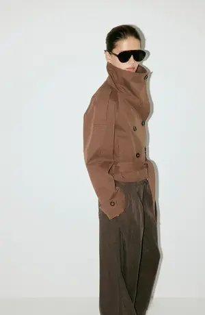 Mango Double Breasted Crop Cotton Blend Trench Coat