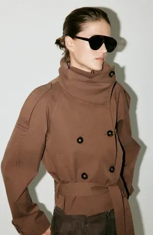 Mango Double Breasted Crop Cotton Blend Trench Coat