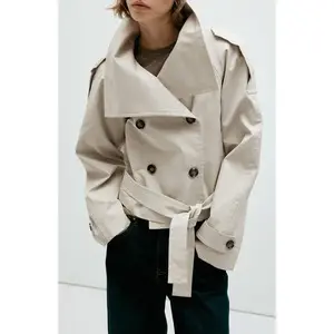 Mango Double Breasted Crop Cotton Blend Trench Coat - Light/pastel Grey