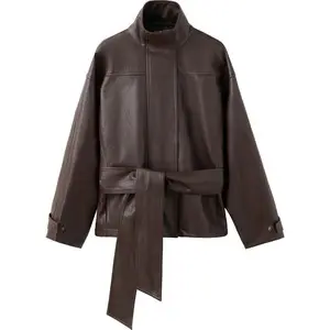 Mango Oversize Belted Faux Leather Jacket - Chocolate