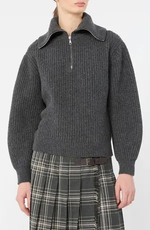 Max Mara Laser Half Zip Virgin Wool Sweater Dark Grey