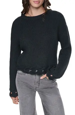 Dkny Cable Hem Crewneck Sweater - Black