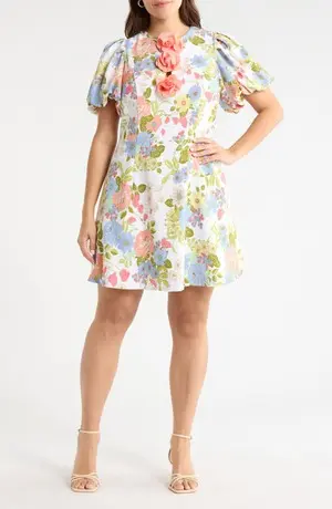 SUGARLIPS Floral Rosette Puff Sleeve Minidress
