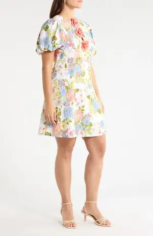 SUGARLIPS Floral Rosette Puff Sleeve Minidress