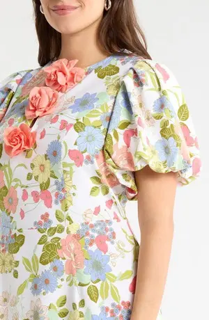 SUGARLIPS Floral Rosette Puff Sleeve Minidress