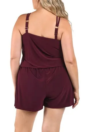 MAXINE OF HOLLYWOOD Knit Solids Swim Romper - Wine