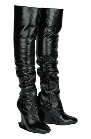 Balmain Thigh-high Wedge Boots In Crinkled Patent Leather