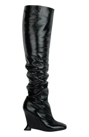 Balmain Thigh-high Wedge Boots In Crinkled Patent Leather