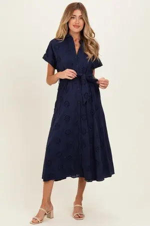 PINKBLUSH Eyelet Lace Waist Tie Shirt Dress