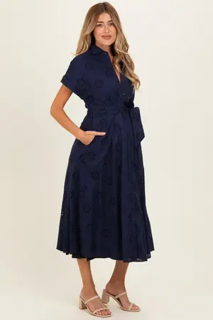PINKBLUSH Eyelet Lace Waist Tie Shirt Dress