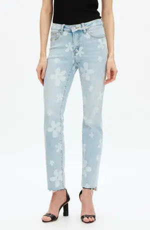 BAYEAS Floral Print Mid Rise Straight Leg Jeans