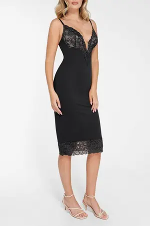 POPILUSH Built In Shapewear V-neck Lace Midi Dress - Jet