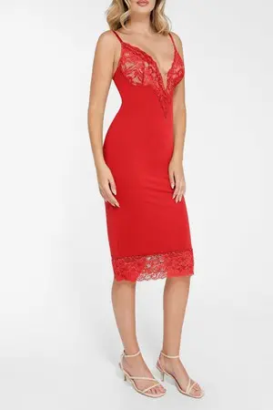 POPILUSH Built In Shapewear V-neck Lace Midi Dress - Wine