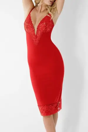 POPILUSH Built In Shapewear V-neck Lace Midi Dress - Wine