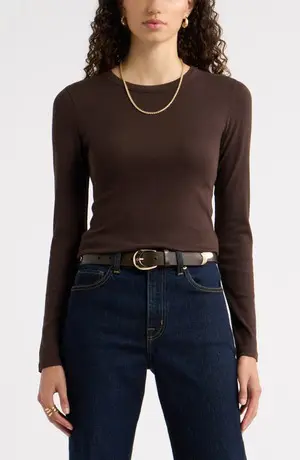 Nordstrom Ribbed Crewneck Long Sleeve T-shirt - Brown Mole