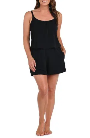 MAXINE OF HOLLYWOOD Solids Swim Romper - Black
