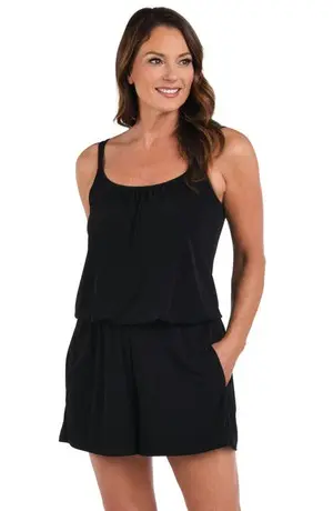 MAXINE OF HOLLYWOOD Solids Swim Romper - Black