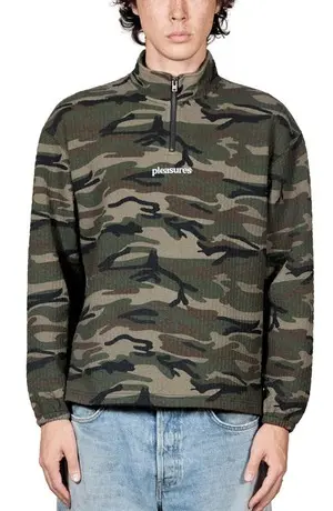 PLEASURES Textured Quarter Zip Pullover - Camo
