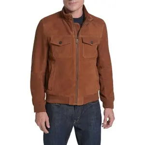 Cole Haan Suede Bomber Leather Jacket - Caramel