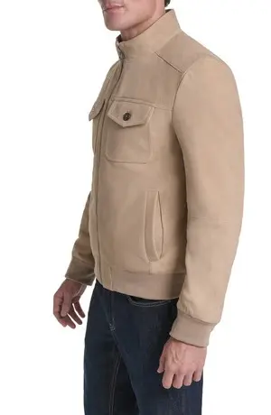 Cole Haan Suede Bomber Leather Jacket - Sand