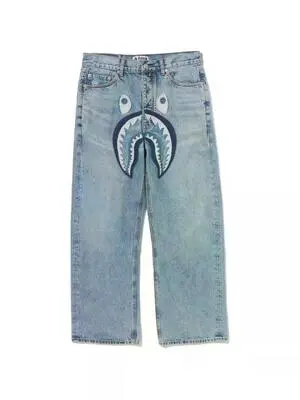 A BATHING APE Shark-motif Straight-leg Jeans - Blue