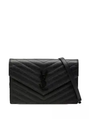 Saint Laurent 2020 Grain De Poudre Cassandre Monochrome Envelope Chain Wallet Crossbody Bag - Black