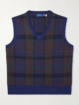 Polo Ralph Lauren Logo-embroidered Checked Wool And Cotton-blend Vest - Blue